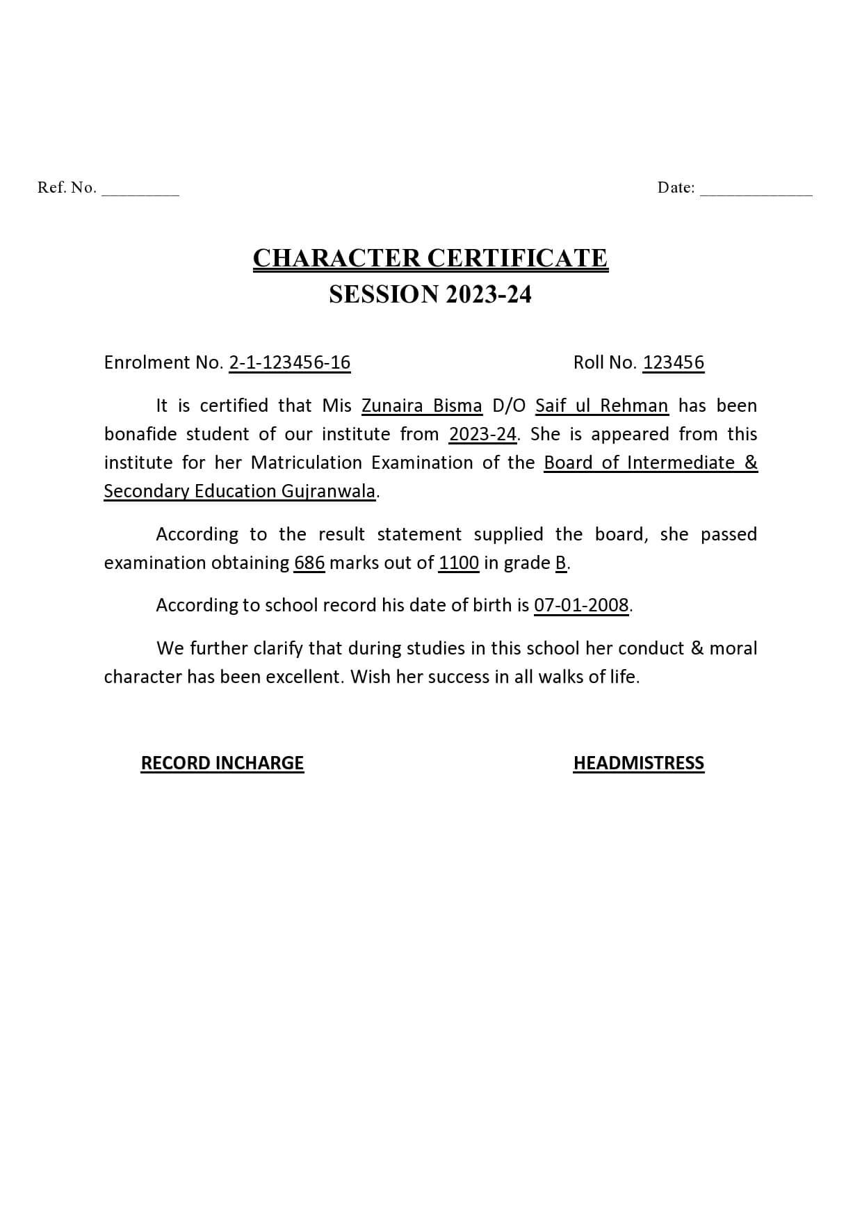 Character Certificate - Education Insider